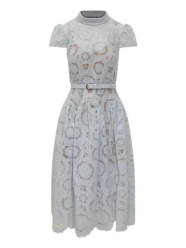 SELF-PORTRAIT Lace Midi Dress With High Neck And Belted Waist - Blue