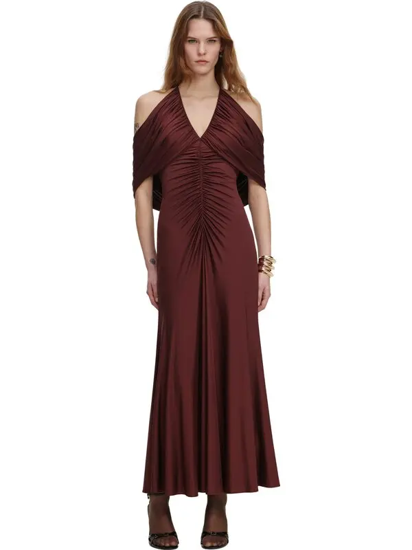 SELF-PORTRAIT Draped Maxi Dress With Spaghetti Straps - Brown