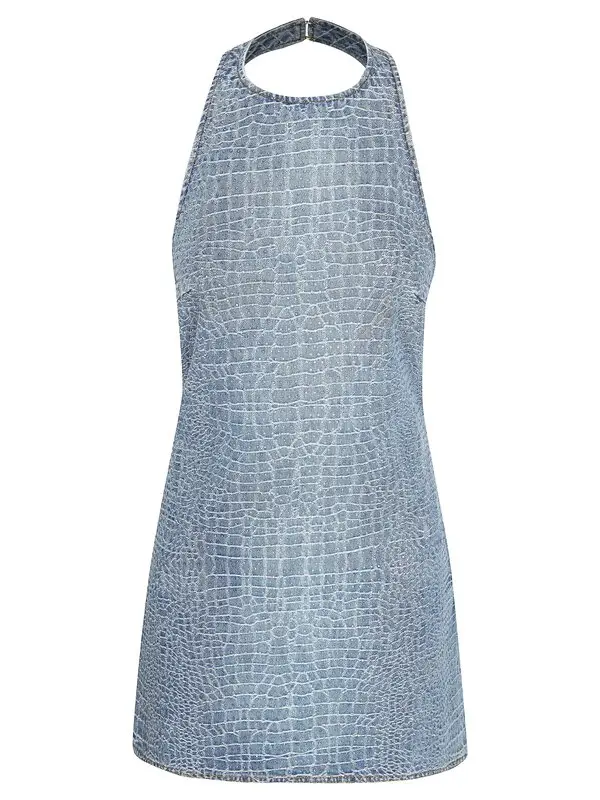 SELF-PORTRAIT Rhinestone Croc-effect Denim Mini Dress - Blu