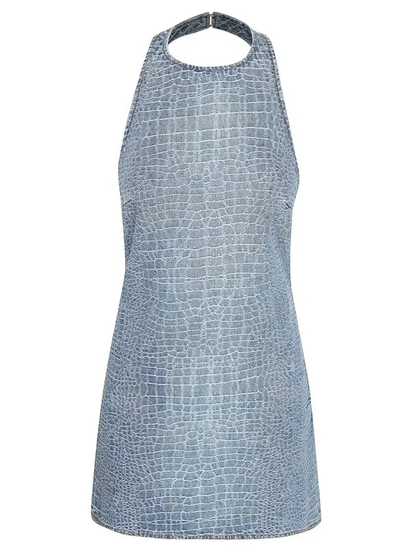 SELF-PORTRAIT Rhinestone Croc-effect Denim Mini Dress - Blu