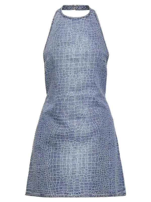 SELF-PORTRAIT Halterneck Mini Dress With Crocodile Print - Blue