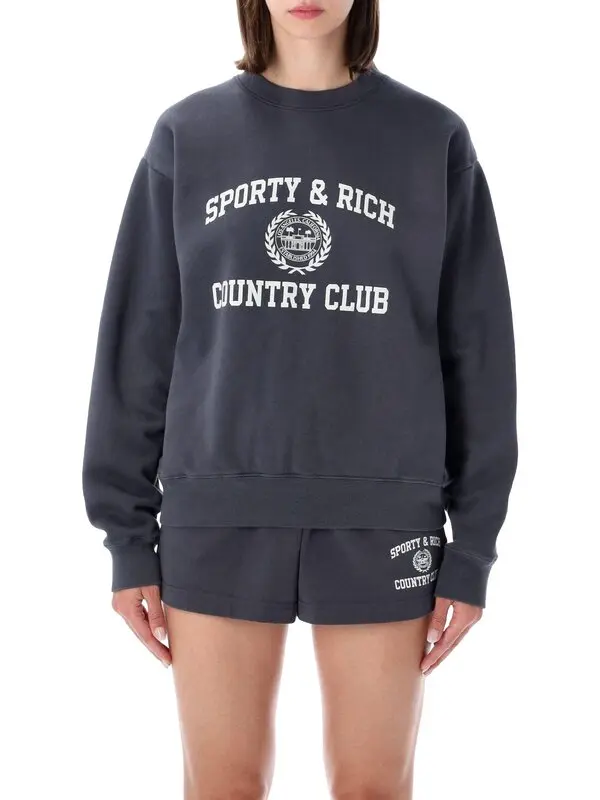 SPORTY & RICH Country Club Graphic Crewneck Sweatshirt - Carbon Choco
