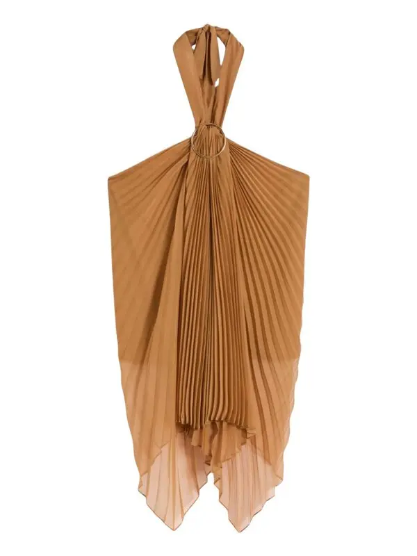 Max Mara Pleated Chiffon Halter Neck Top With Gold Accents - Brown