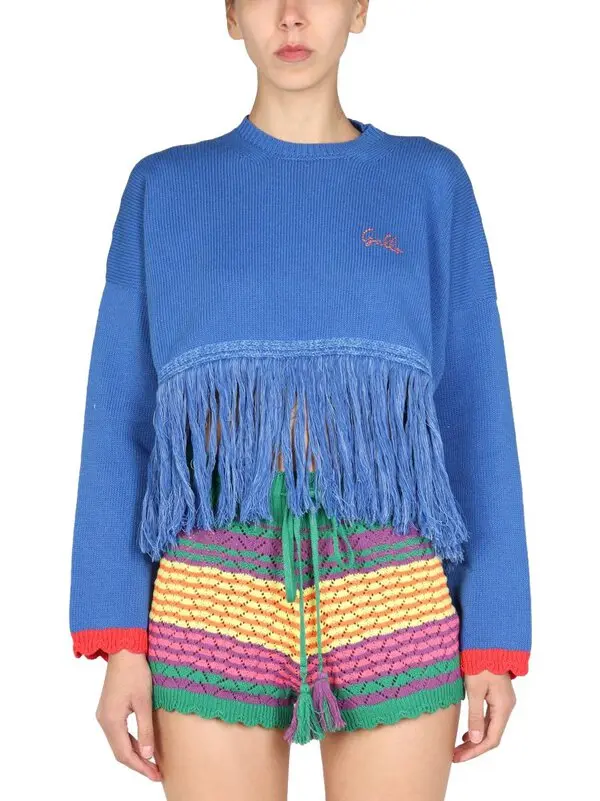 GALLO Embroidered Logo Crew Neck Sweater With Fringe Detail - Blue