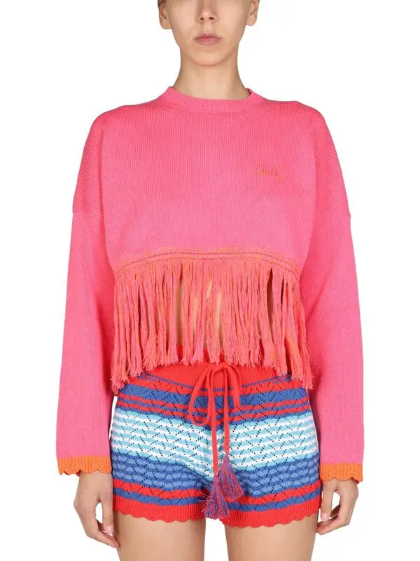 GALLO Embroidered Logo Crew Neck Sweater With Fringe Detail - Fuchsia