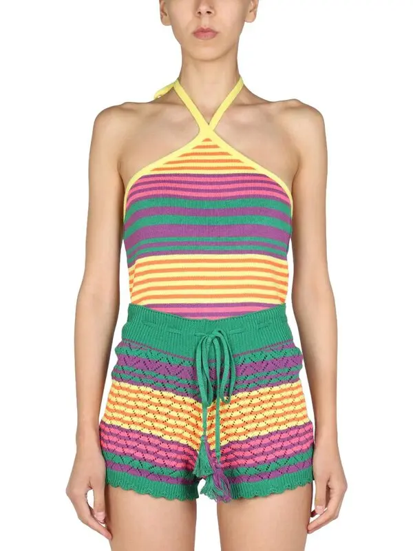 GALLO Striped Halter Neck Knit Top And Shorts Set - Multicolour
