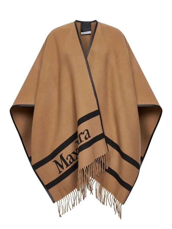 Max Mara Wool Poncho With Leather Trim And Fringe - Brown