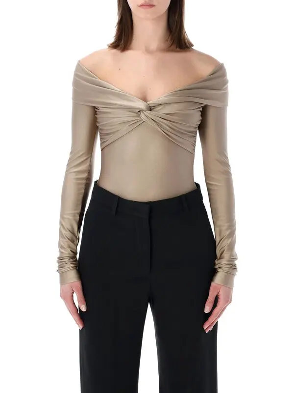Andamane The Attico Off-shoulder Draped Knot Bodysuit - Light Greige