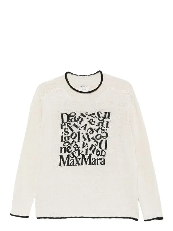 Max Mara Embroidered Front Linen Sweater With Contrasting Trim - Bianco
