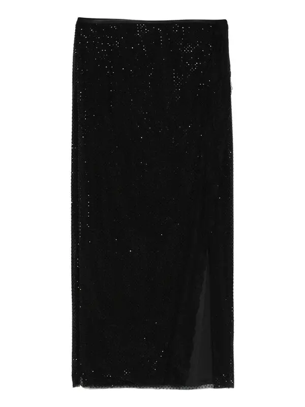 SELF-PORTRAIT Midi Skirt With Rhinestone Embellishments And Slit - Black
