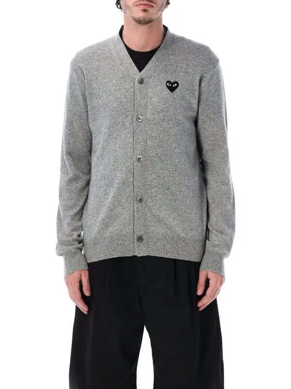 Play Comme Des Garcon V-neck Cardigan With Signature Patch - Grigio