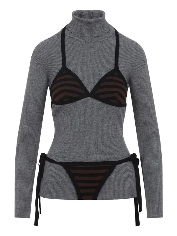 Moschino Virgin Wool Turtleneck With Striped Bikini Set - Grey