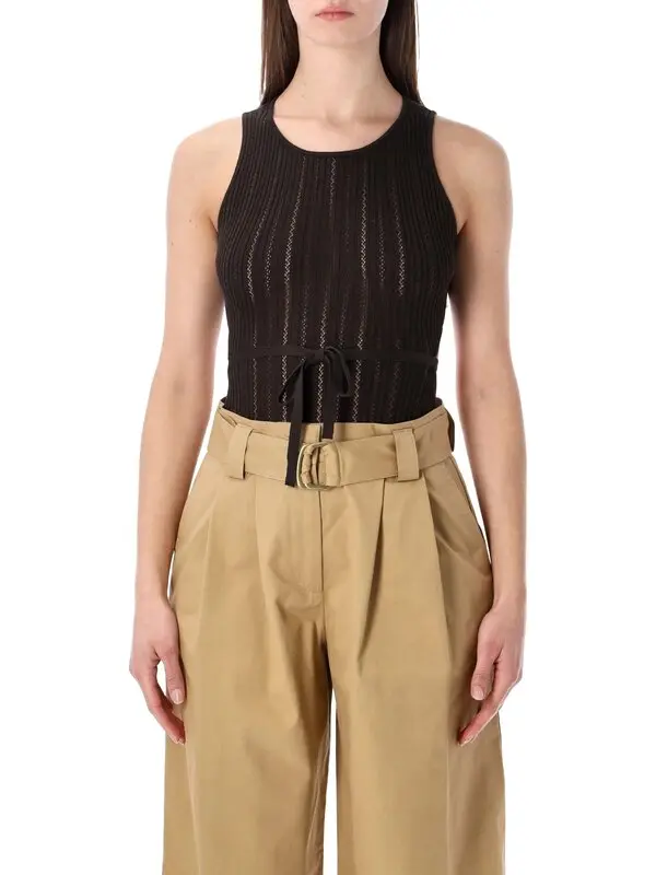 SESSUN Sleeveless Ribbed Knit Bodysuit With Waist Tie - Brown