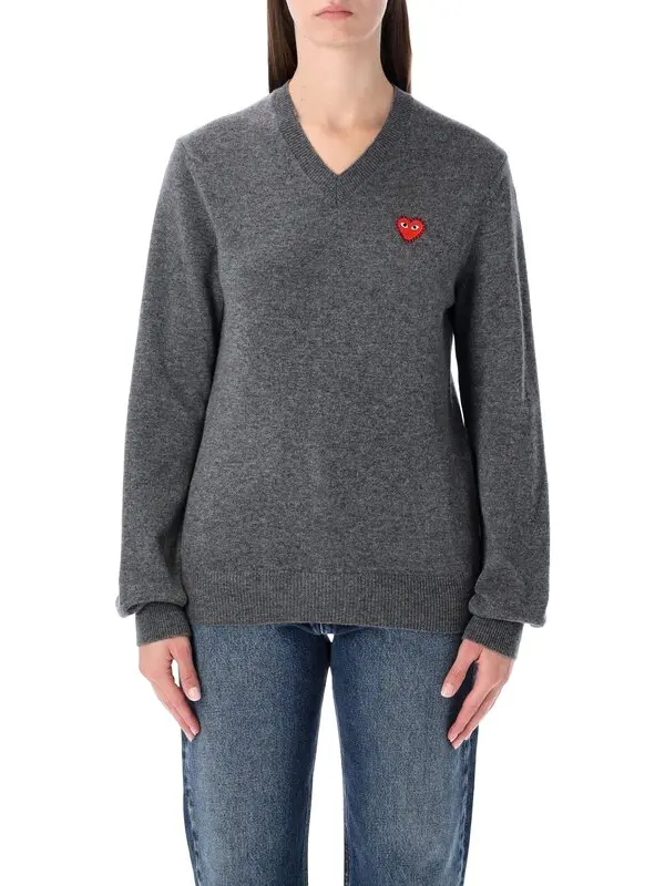 Play Comme Des Garcon V-neck Pullover Red Emblem - Grey