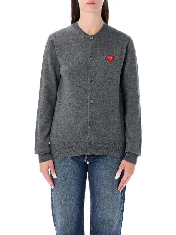Play Comme Des Garcon Wool Cardigan With Embellished Emblem - Grey