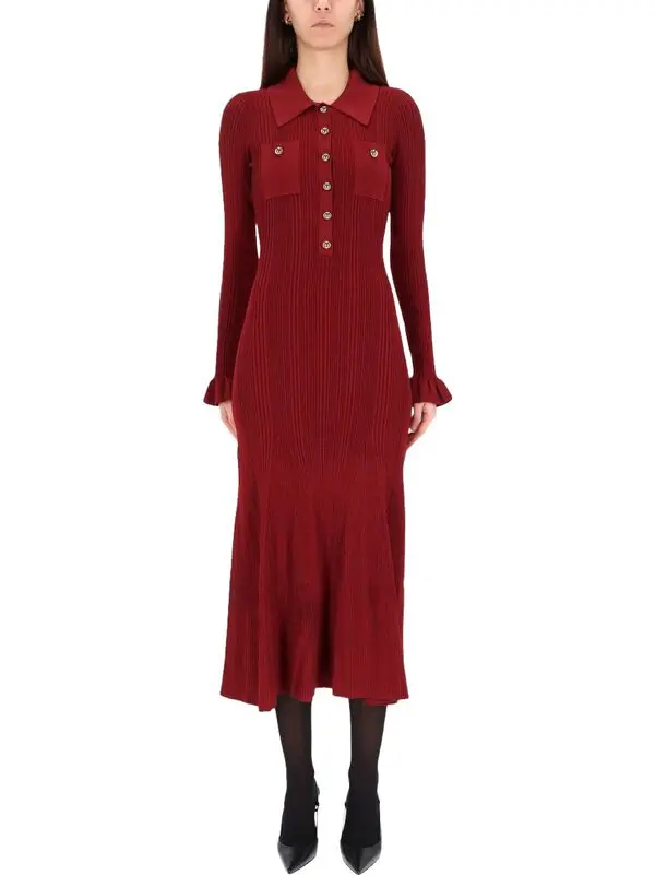 SELF-PORTRAIT Ribbed Knit Button-front Midi Dress - Bordeaux