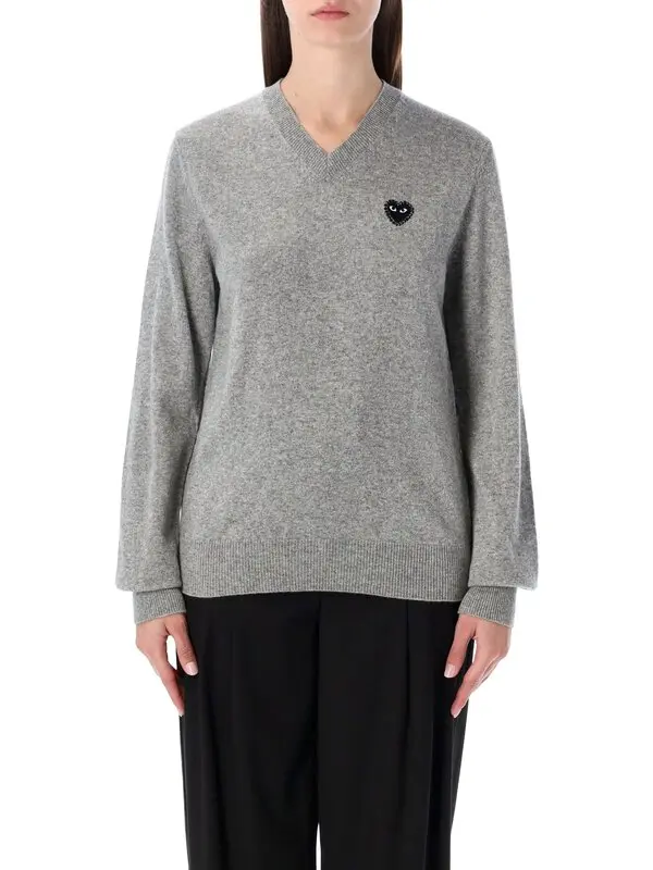 Play Comme Des Garcon Wool V-neck Sweater With Crystal Embellished Heart - Grey