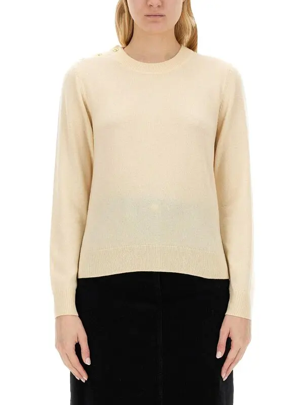 GANNI Regular Fit O-neck Sweater With Button Detail - Ivory