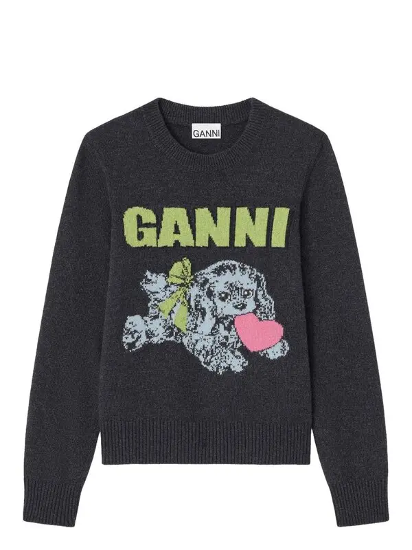 GANNI Graphic Print Round Neck Long Sleeve Sweater - Black