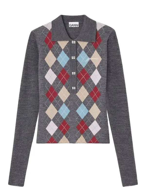 GANNI Argyle Knit Polo Neck Sweater - Black