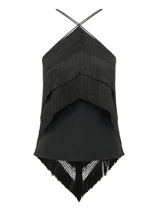 Andamane Asymmetrical Fringed Halter Top - Black