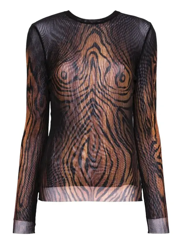 JEAN PAUL GAULTIER Graphic Print Sheer Mesh Long Sleeve Top - Black