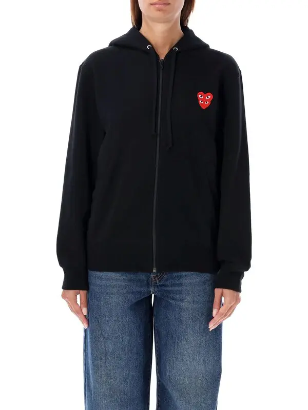 Play Comme Des Garcon Double Red Heart Zip-up Hooded Sweatshirt - Black