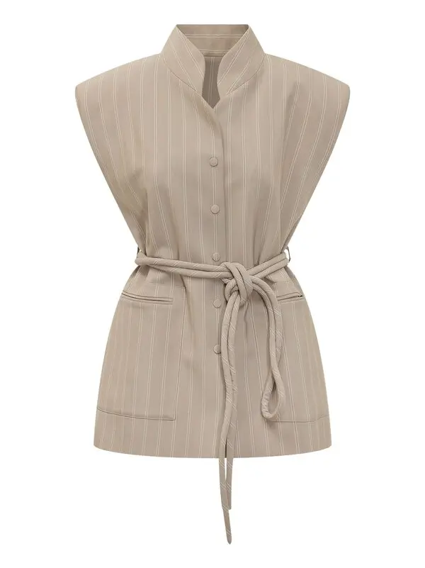 MOM'S PANTS Striped Long Gilet With Belted Waist - Beige Striped