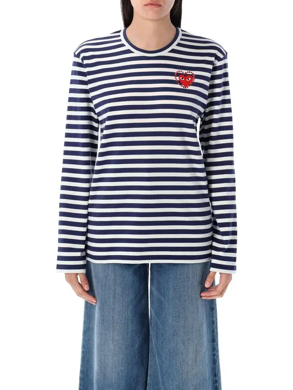 Play Comme Des Garcon Striped Cotton Long Sleeve T-shirt With Heart Logo - Blue