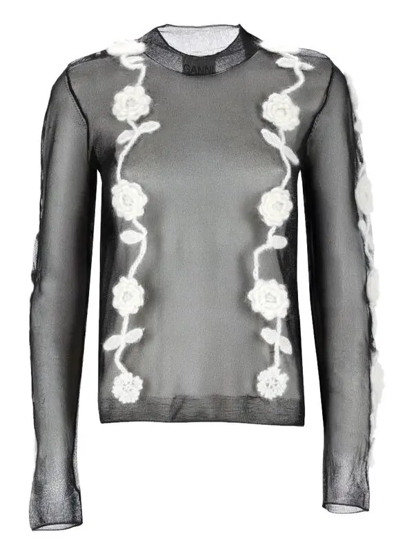 GANNI Sheer Floral Appliqué Long Sleeve Top - Black