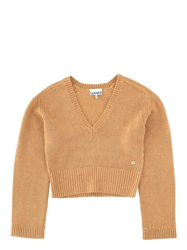 GANNI V-neck Cropped Knit Sweater - Beige