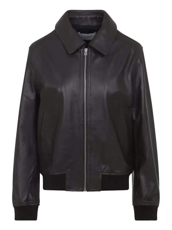 YVES SALOMON Leather Zip-up Jacket With Stand Collar - Brown