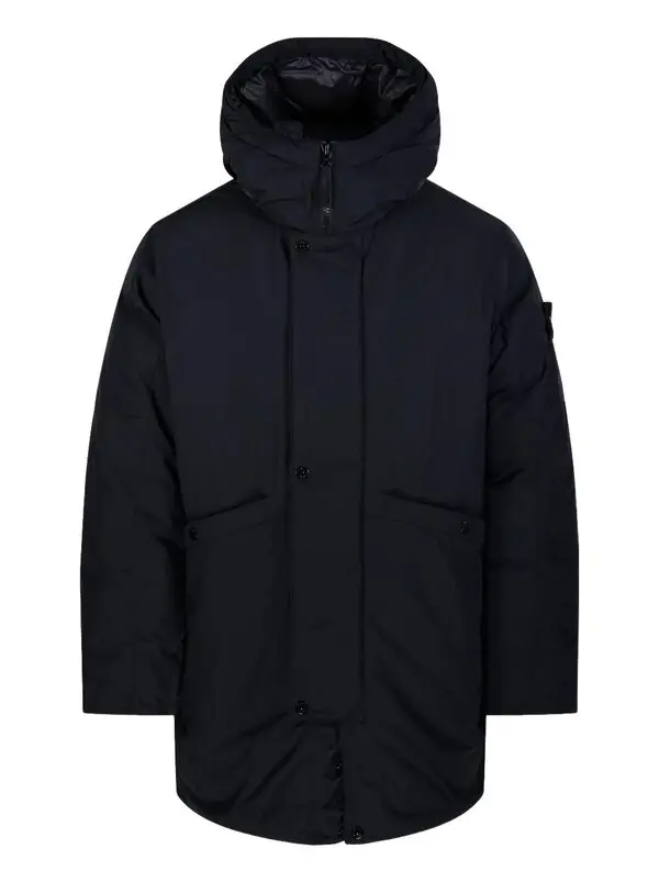 Stone Island Hooded Coat With Snap Pockets And Drawcord - Black