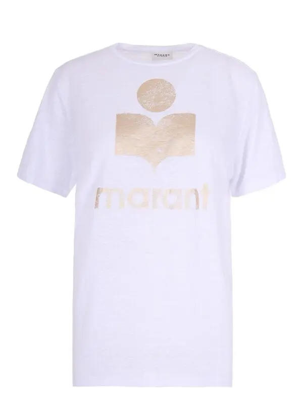 MARANT ETOILE White Linen T-shirt With Graphic Logo - White/light Gold