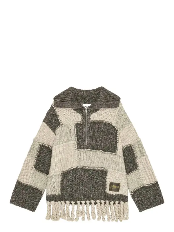 GANNI Patchwork Knit Sweater With Fringed Hem - Grey