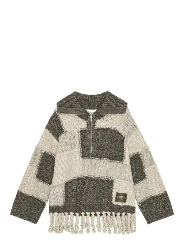 GANNI Patchwork Knit Zip-up With Fringe Detail - Multicolour