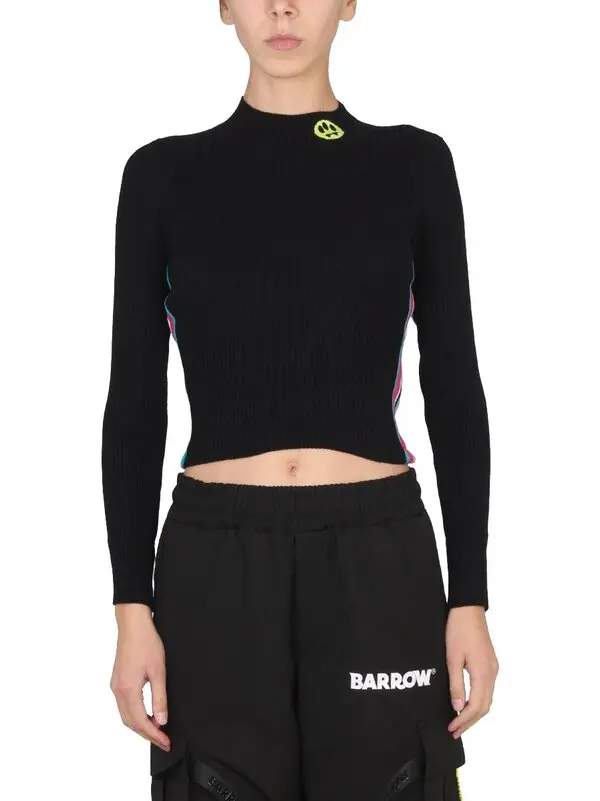 BARROW Black Ribbed Knit High Neck Top With Colorful Side Bands And Appliqué Logo - Multicolour