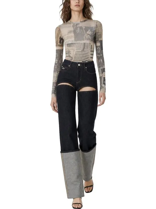 JEAN PAUL GAULTIER Cut-out Mid-rise Straight-leg Cotton Pants - Denim