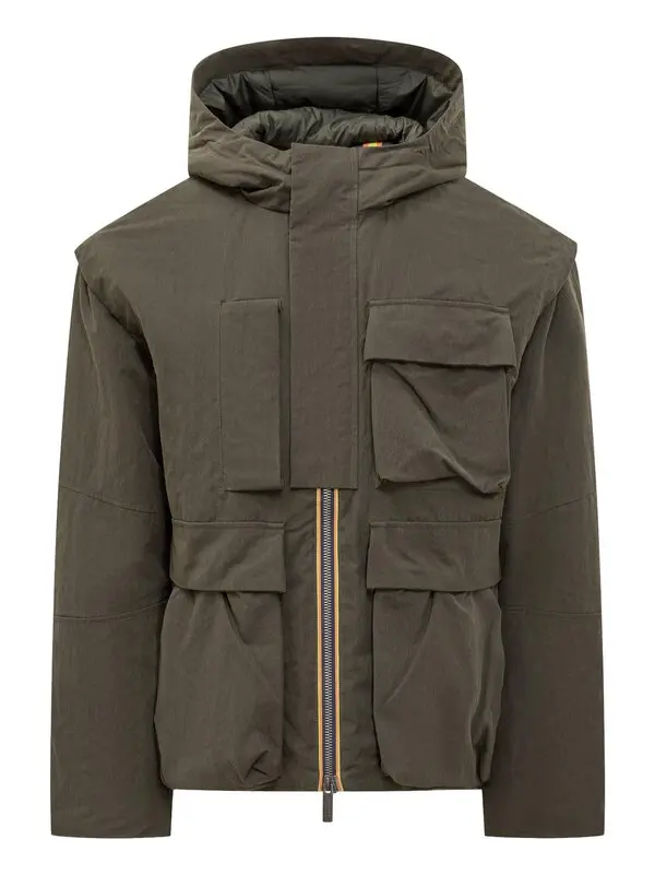 K-WAY Utility Zip-up Hooded Jacket With Padded Lining - Green Blackish