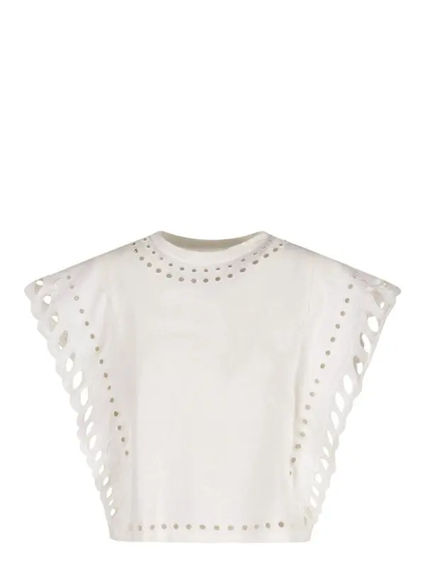 MARANT ETOILE Embroidered Cotton T-shirt With Lace And Pompoms - Ecru