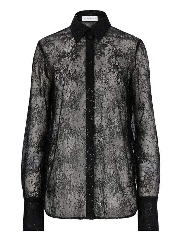 Nina Ricci Lace Sequin Bell Cuff Shirt - Black