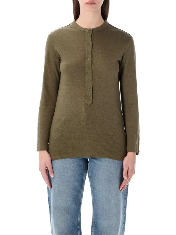 MARANT ETOILE Long Sleeve Linen T-shirt With Button Pocket - Dark Khaki