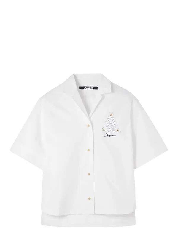 Jacquemus Oversized Cotton Camp Collar Shirt With Embroidered Detail - White
