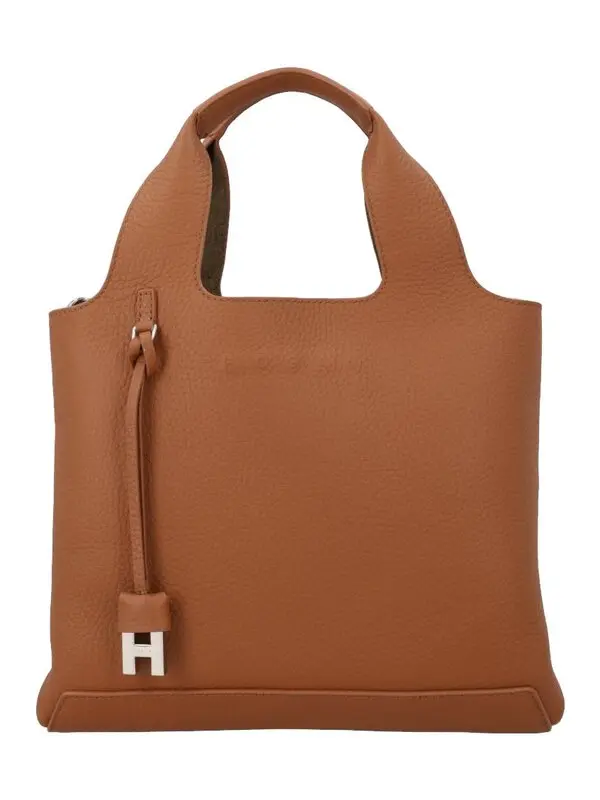 Hogan Textured Calfskin Leather Tote Bag With Logo Charm - Brown
