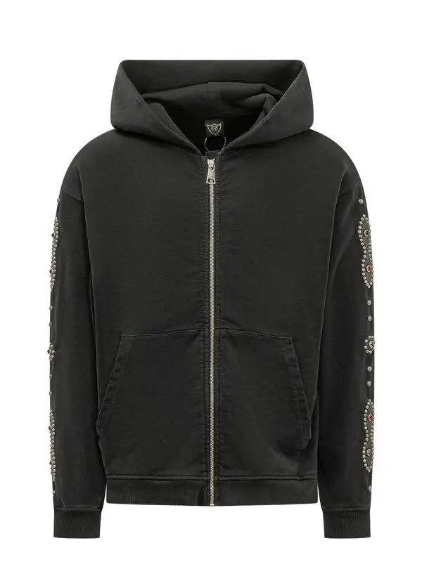 HTC LOS ANGELES Full Zip Hoodie With Embellished Sleeves - Black