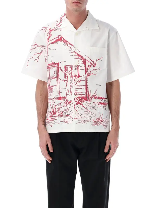 Prada Printed Cotton Bowling Shirt - Red