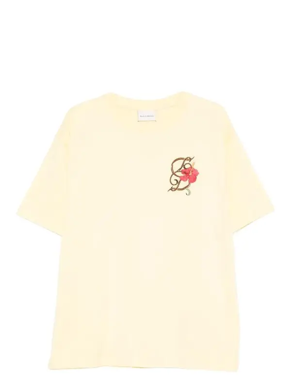 Drole De Monsieur Hibiscus 'd' Embroidered Ribbed Collar T-shirt - Yellow