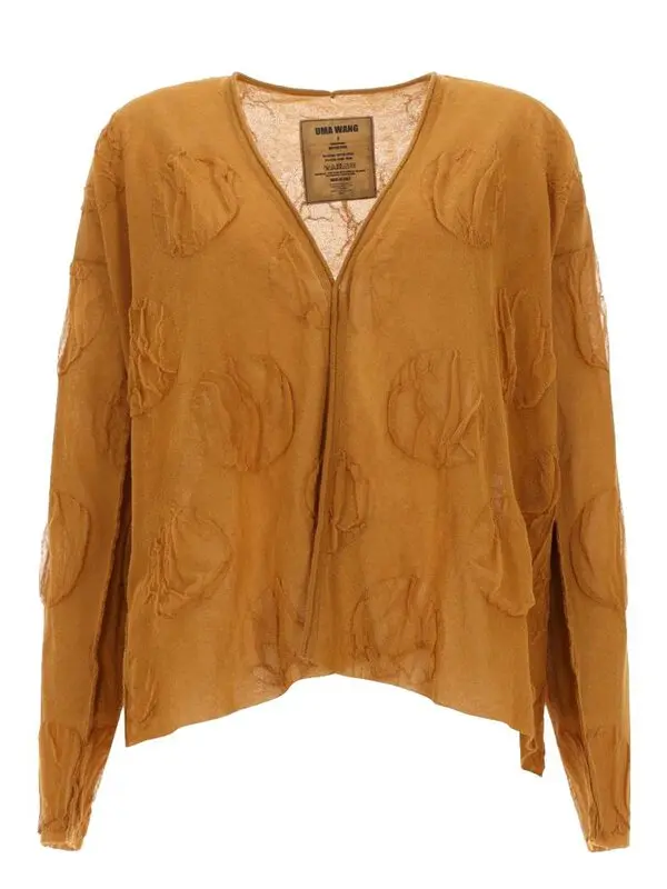 UMA WANG Sheer Long Sleeve Cardigan With Textured Applique - Beige