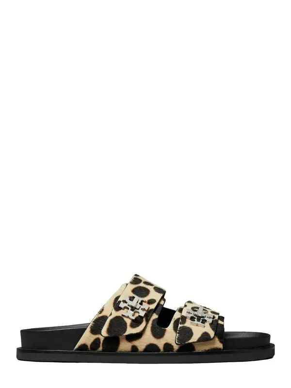 Tory Burch Leopard Print Leather Slides With Logo Detailing - Black