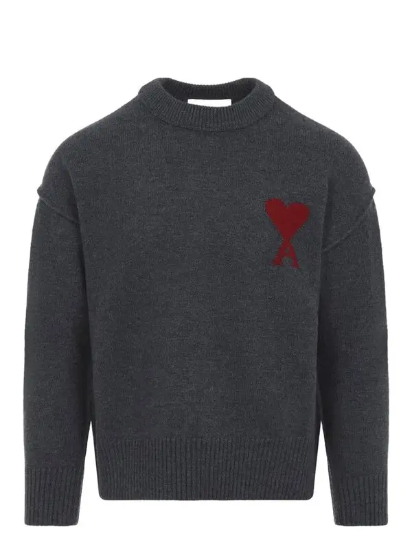 AMI Paris Classic Wool Crewneck Sweater With Heart Appliqu - Grey